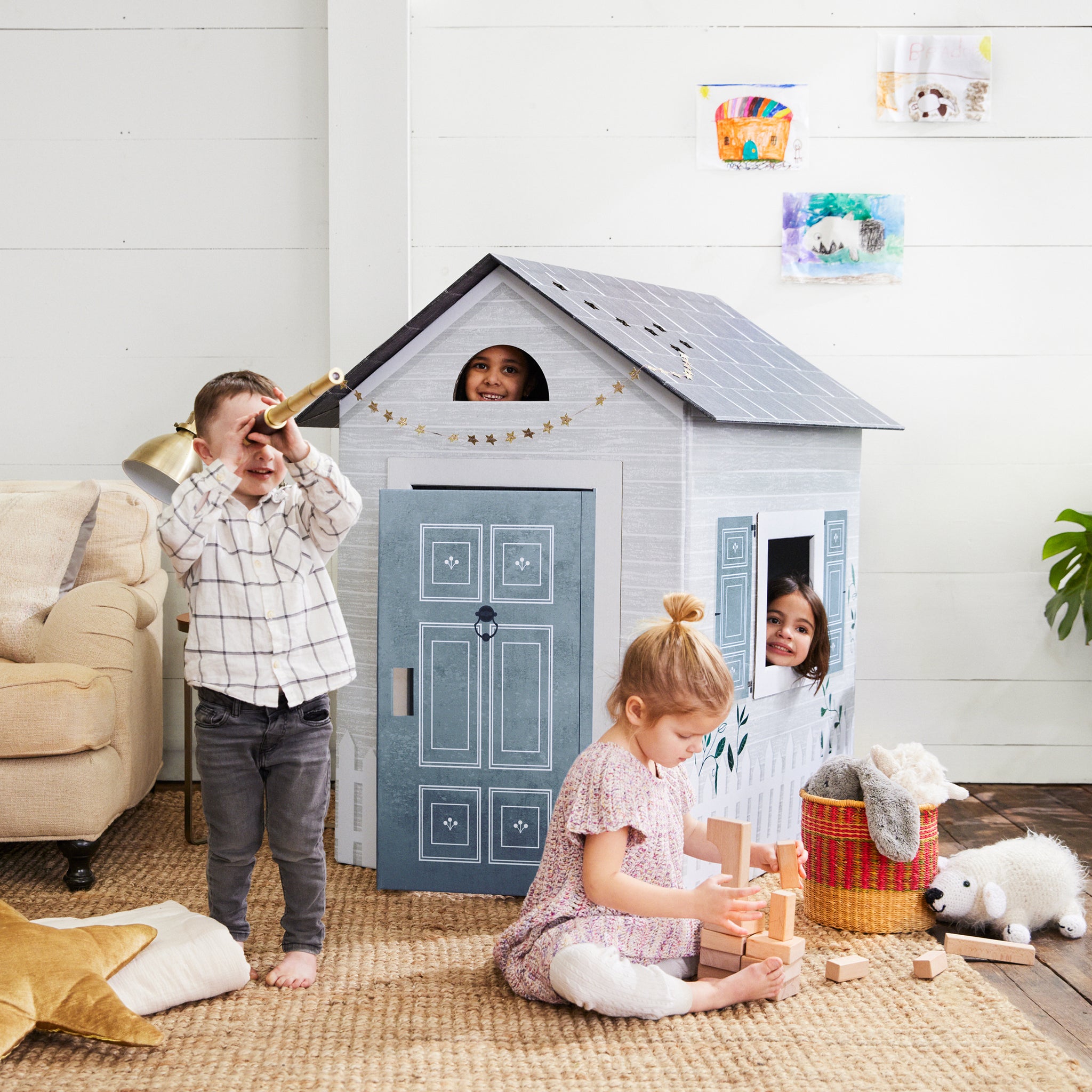 Cozy Coastal Cottage Playhouse - Gray with Blue Shutters | White Oak ...